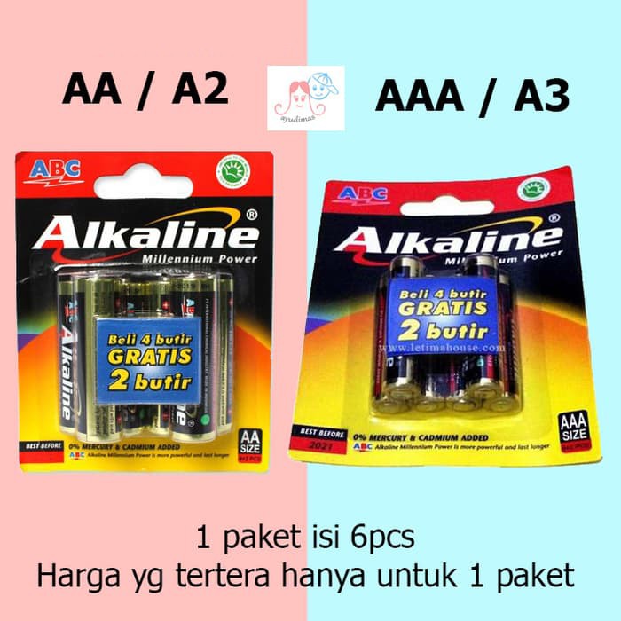 Jual Baterai ABC Alkaline AA / AAA / A2 / A3 - battery- 6pcs / Isi 4+2 pcs | Shopee Indonesia
