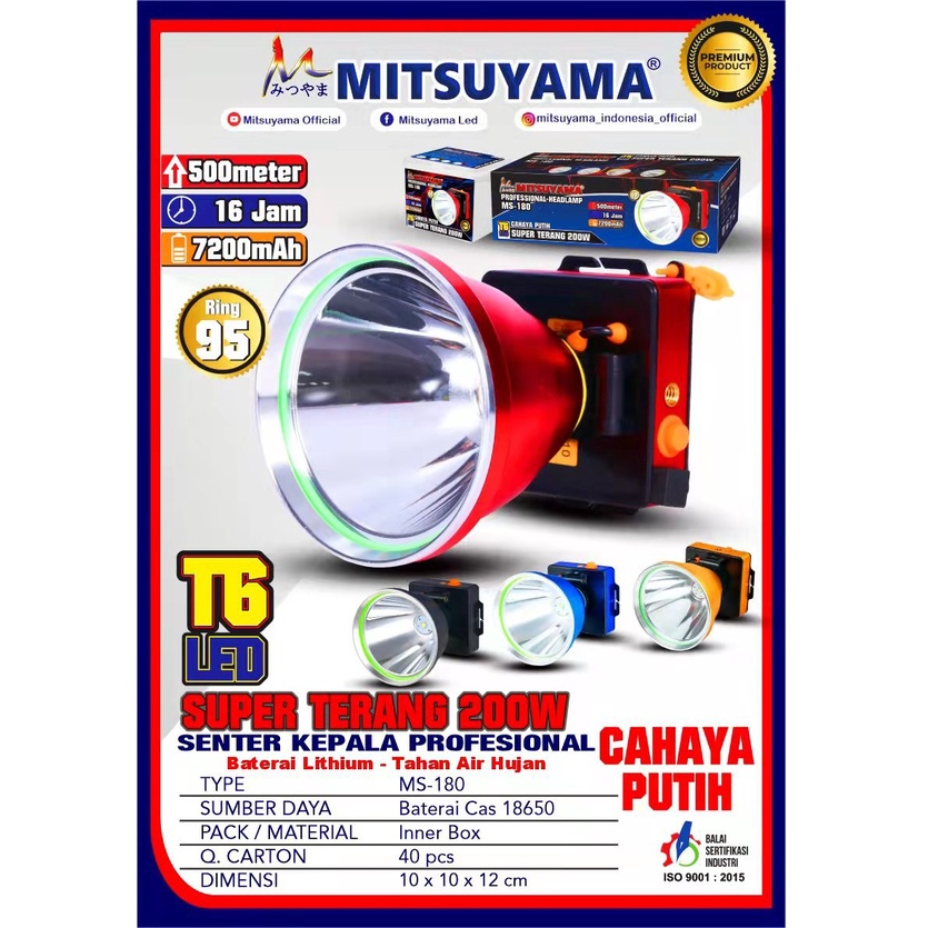 Jual Senter Kepala LED Cahaya Putih T6 200 Watt Mitsuyama MS-180 ...