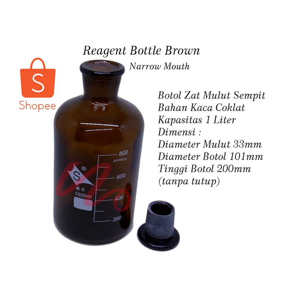 Jual Botol Reagen 1000ml coklat mulut sempit RRT, Reagent Bottle Amber Narrow Mouth China, Botol ...
