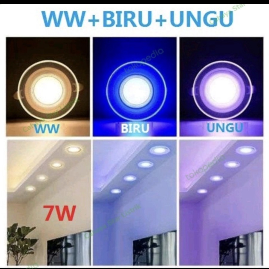 Jual LAMPU DOWNLIGHT KACA LED 3 WARNA 7 WATT / PUTIH KUNING NETRAL / WARM WHITE BIRU UNGU ...
