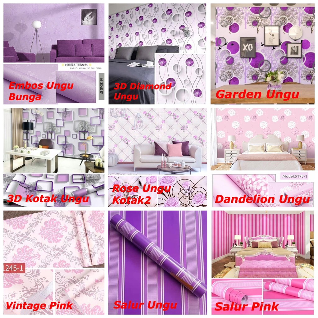 Jual WALLPAPER Dinding Wallsticker ukuran 45 cm x 10 M Motif Tema Salur Garis Pink Ungu 3D Kotak ...