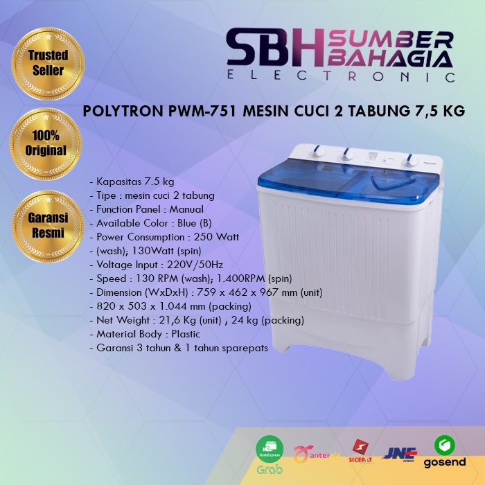 Jual POLYTRON PWM-751 MESIN CUCI 2 TABUNG 7,5 KG (NEW) (KHUSUS BANDUNG) | Shopee Indonesia