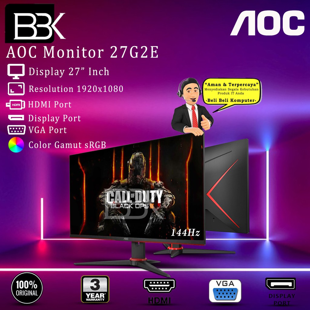 Jual Monitor AOC 27G2E 27" Full HD 144Hz sRGB 118% LED 3Yr | Shopee ...