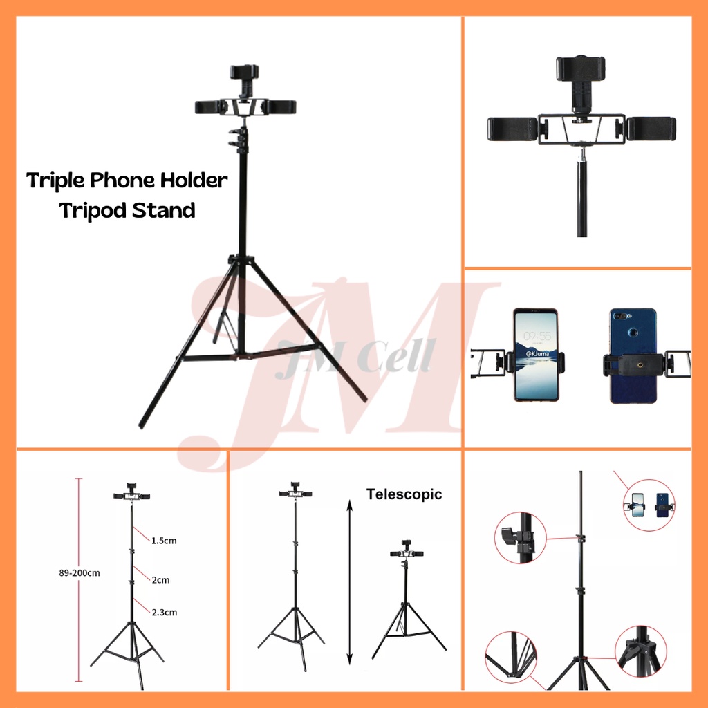 Jual Foldable Triple Mobile Phone Selfie Holder Tripod Stand For Live ...