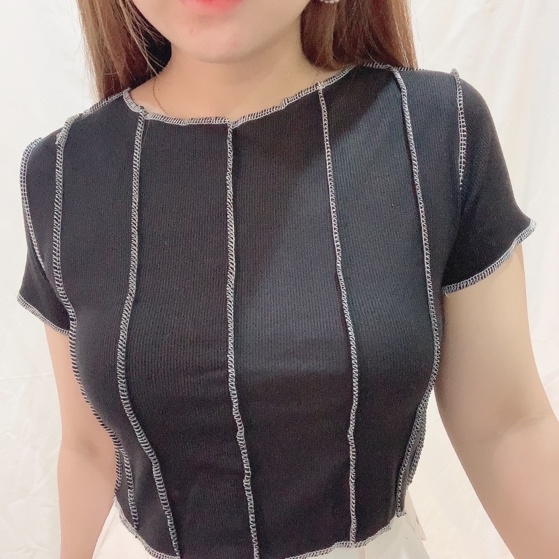 Jual Stitch Knit Crop Top Short Sleeve | Baju Kaos Atasan Lengan Pendek ...
