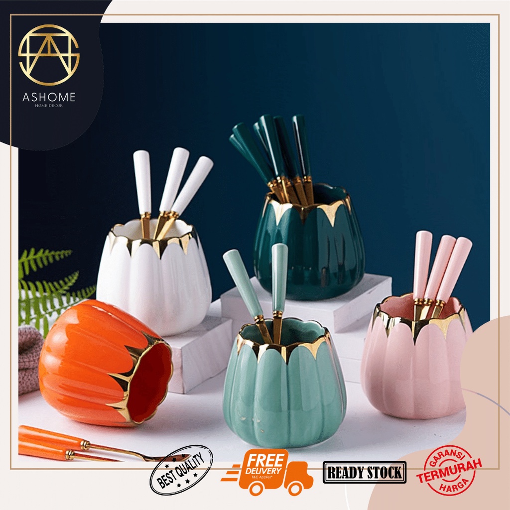 Jual ASHOME Tempat Sendok Kue Keramik Motif Gelombang List Gold ...