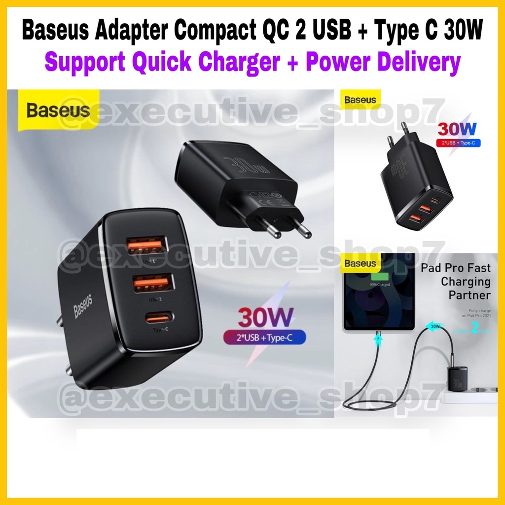 Jual Baseus Adapter Compact QC 2 USB + Type C 30W - Support Quick ...