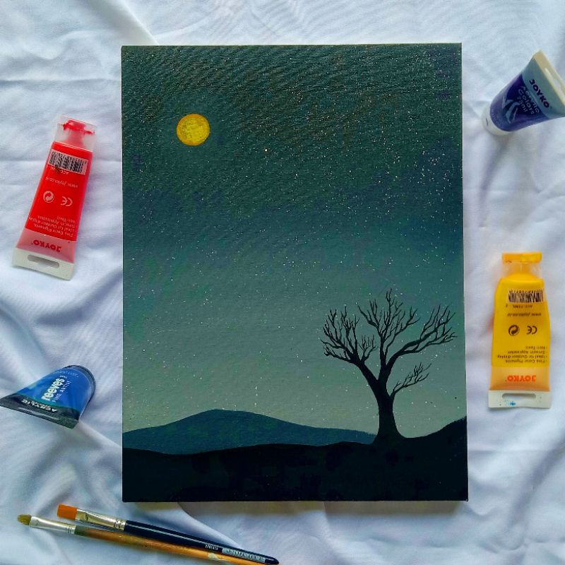 Jual Lukisan Kanvas Canvas Pemandangan Malam Ranting Pohon / Lukisan ...