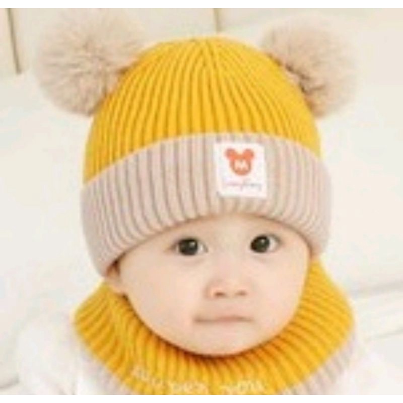 Jual KUPLUK BAYI DUA WARNA DENGAN HIASAN POMPOM/ KUPLUK LUCU / KUPLUK ...