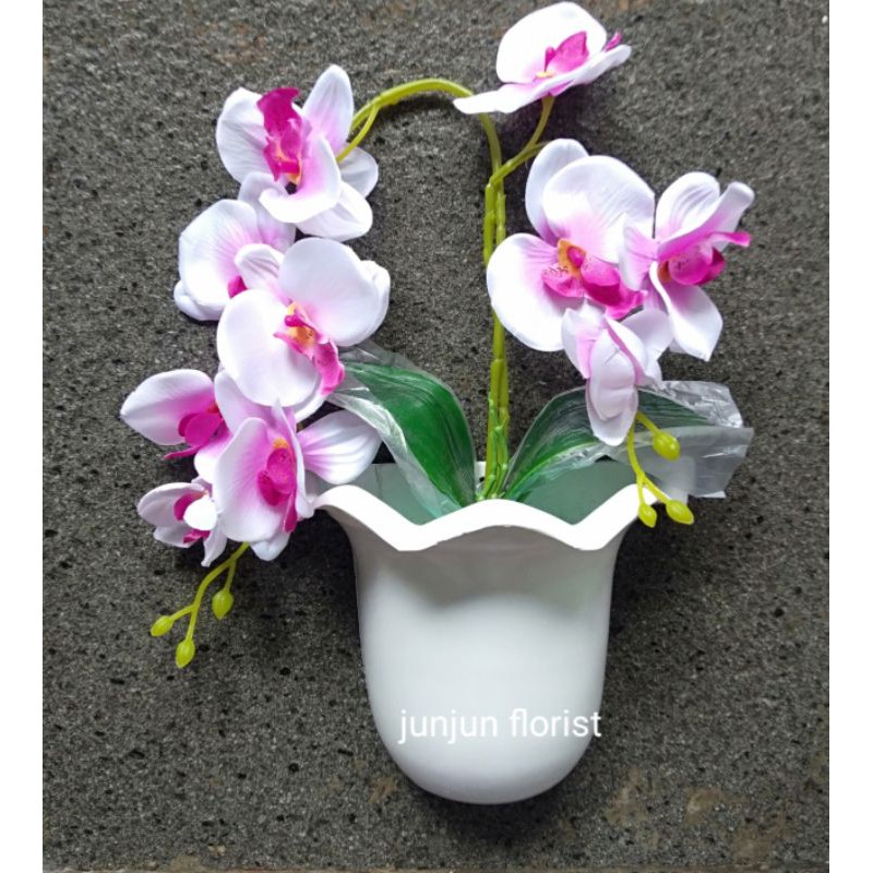 Jual bunga anggrek bulan artificial pot tempel dinding//bunga hiasan ...