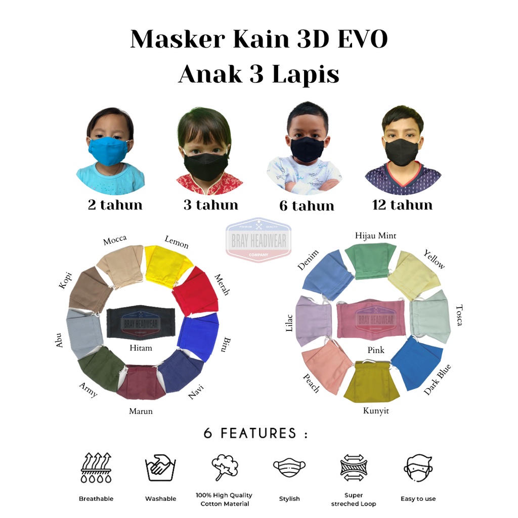 Jual Masker Kain Anak 3 Lapis 3D EVO + Stopper Earloop Headloop Premium ...
