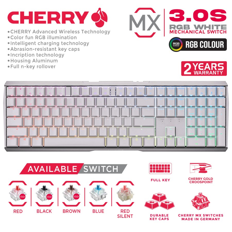 Jual CHERRY MX Wireless Gaming Keyboard Full Size MX 3.0S WL RGB WHITE | Shopee Indonesia