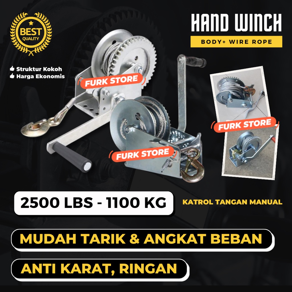 Jual Hand Winch 2500lbs / 1100kg + Wire Rope 7m HWW03 [HANDLE ERGONOMIS ...