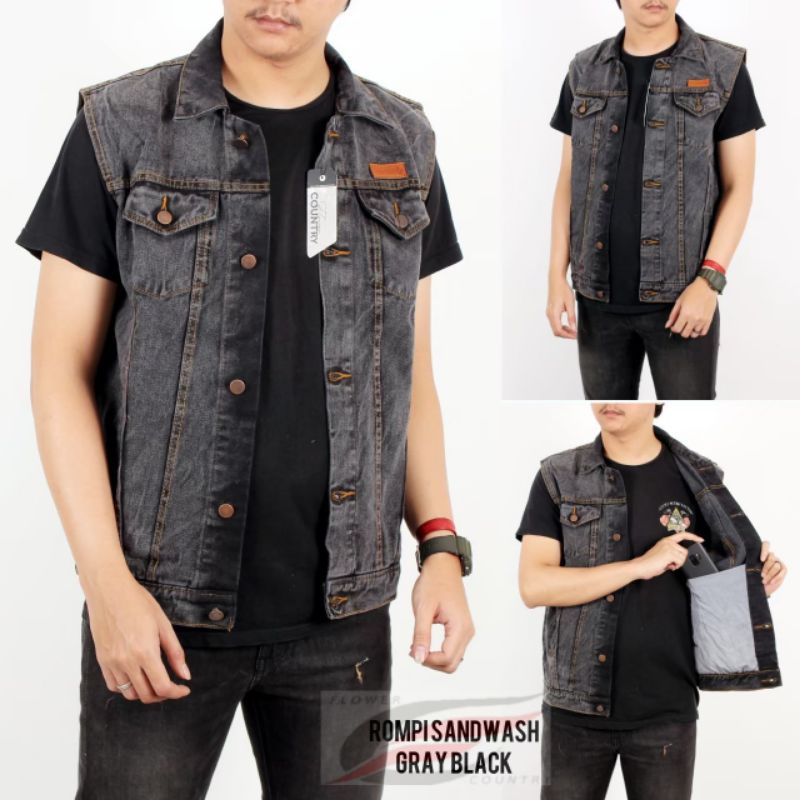 Jual TANS - Rompi Jeans Pria Sandwash Lekmong / Jaket Rompi Kerah Denim ...