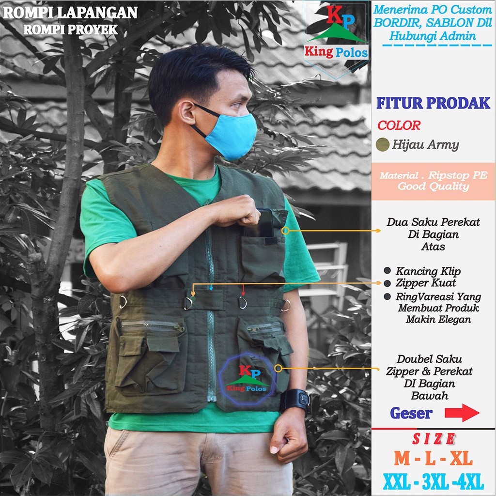 Jual ROMPI PROYEK LAPANGAN WARNA HIJAU ARMY | VEST ROMPI MANDOR | ROMPI ...