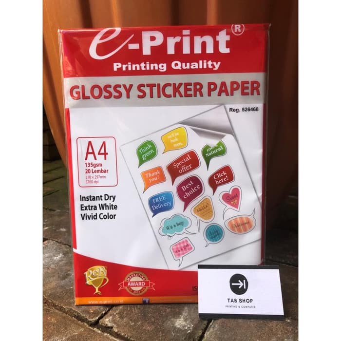 Jual TAB SHOP - EPRINT GLOSSY STICKER PHOTO PAPER A4 135 GSM 20 SHEETS ...