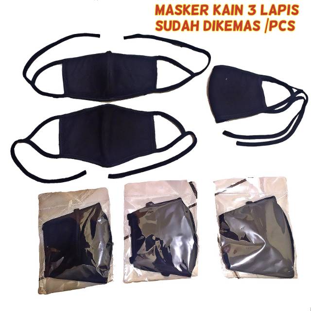Jual 12 pcs- Masker kain hitam polos 3 lapis/masker kain cantolan ...
