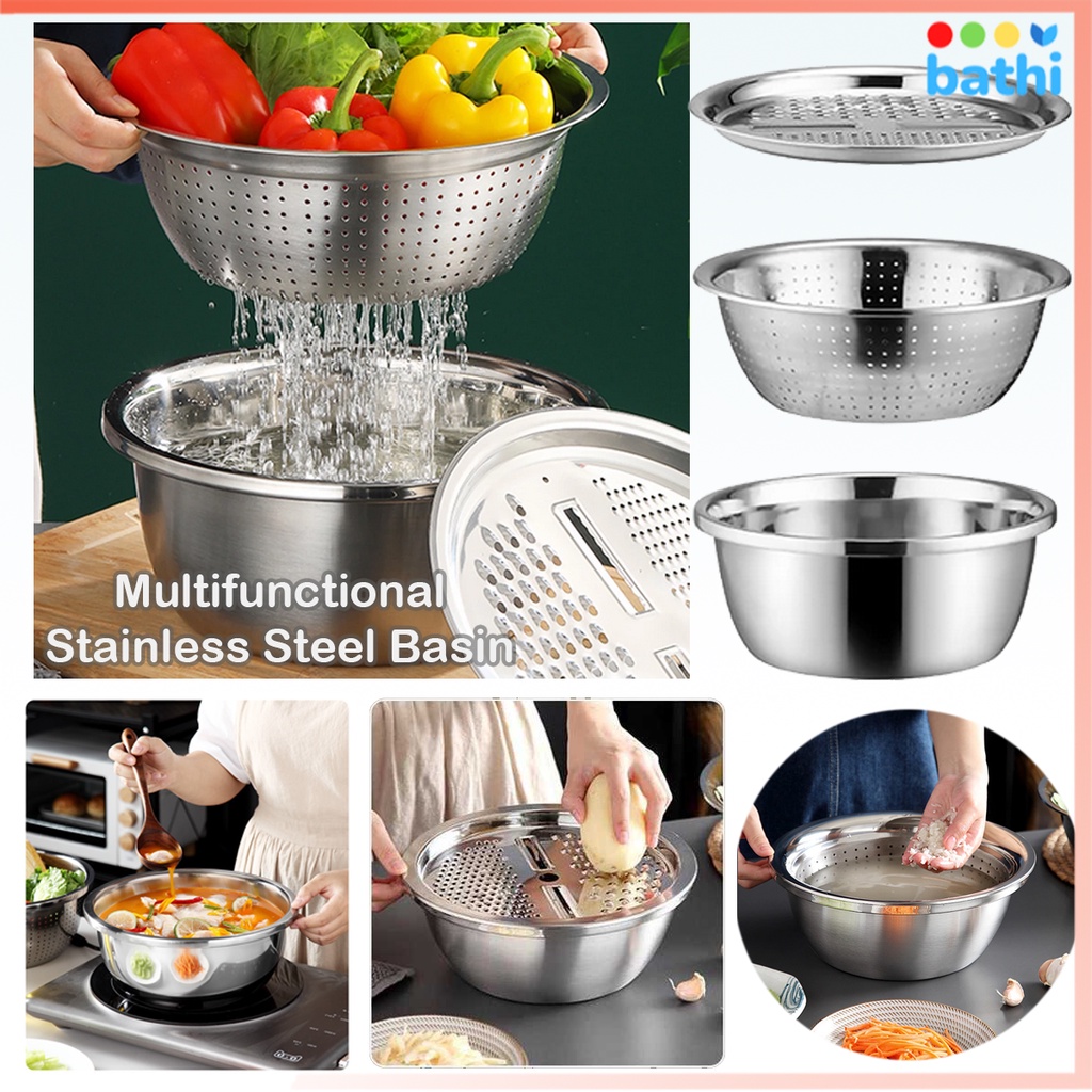 Jual Baskom Stainless Set 3 Fungsi Saringan Parutan 25cm ...