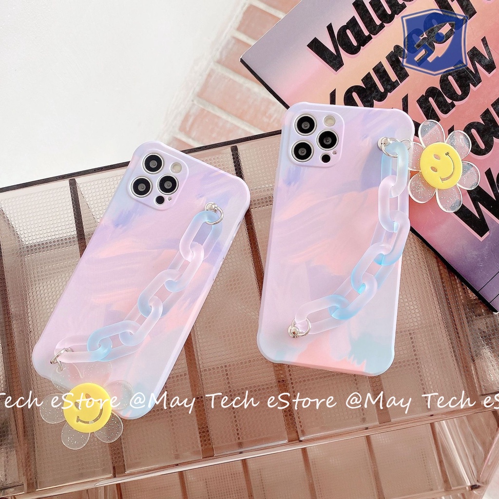 Jual Casing iPhone Soft Watercolor dengan Hand Grip Rantai Pink Biru ...
