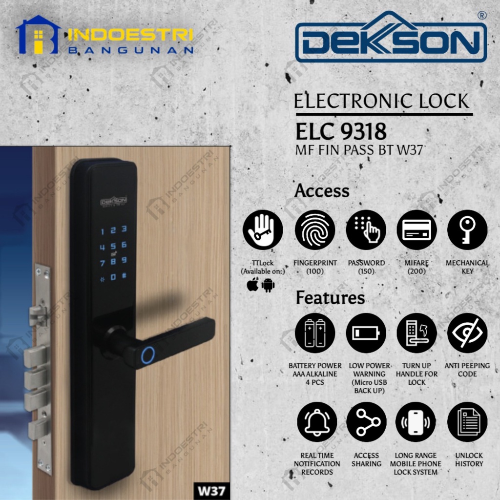 Jual Electronic Lock Dekkson ELC 9318 MF FIN PASS BT W37 BLACK / Handle ...