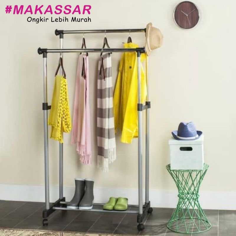 Jual Stand Hanger Double Pakai Roda/Rak Gantung Pakaian 2 Lapis Rak ...