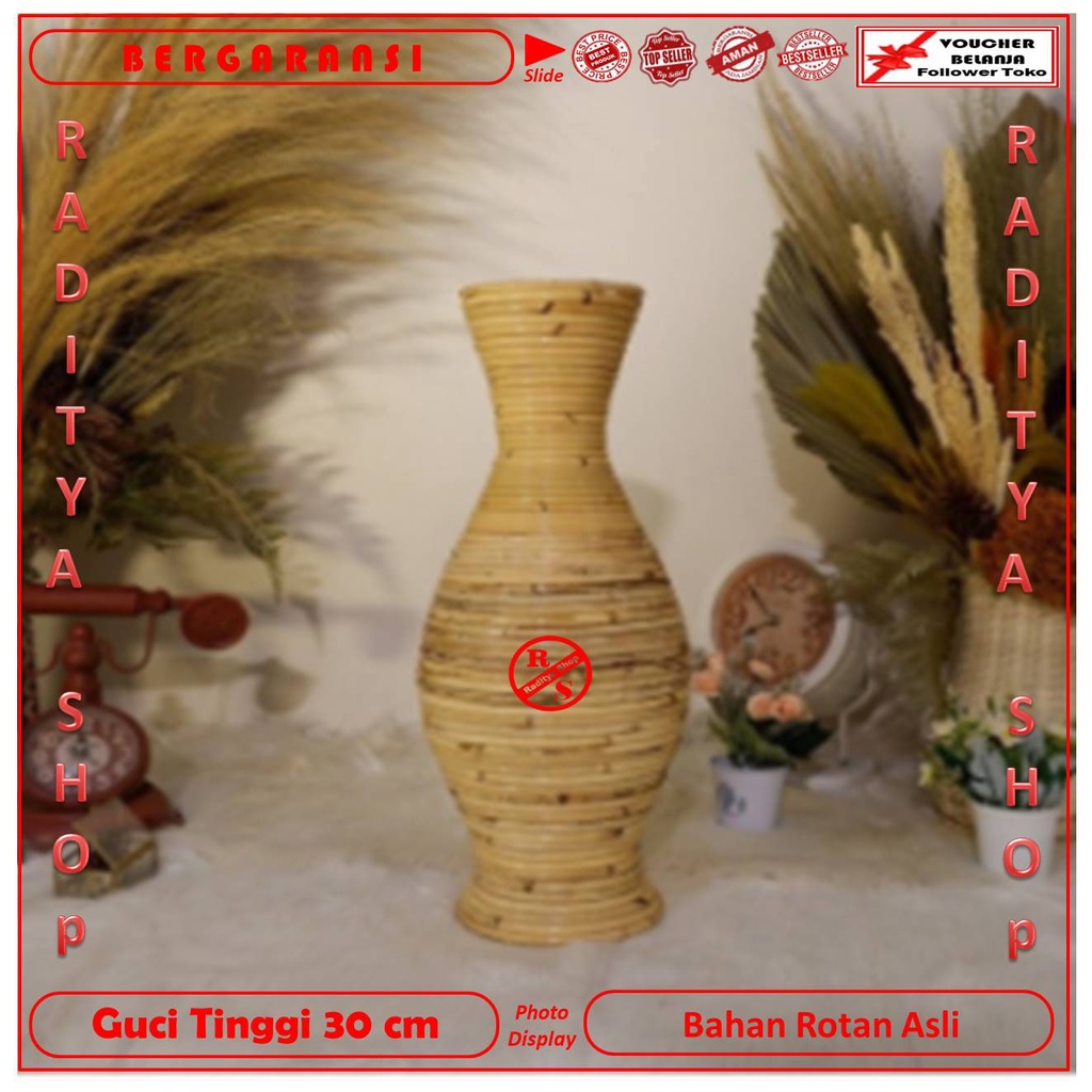 Jual Guci Rotan Tinggi 30 cm / Vas Bunga Hias Ukuran 30 cm Model Guci ...