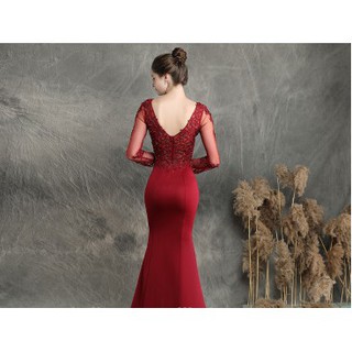 Jual Gaun malam mewah mermaid evening dress gaun pesta merah wine V ...