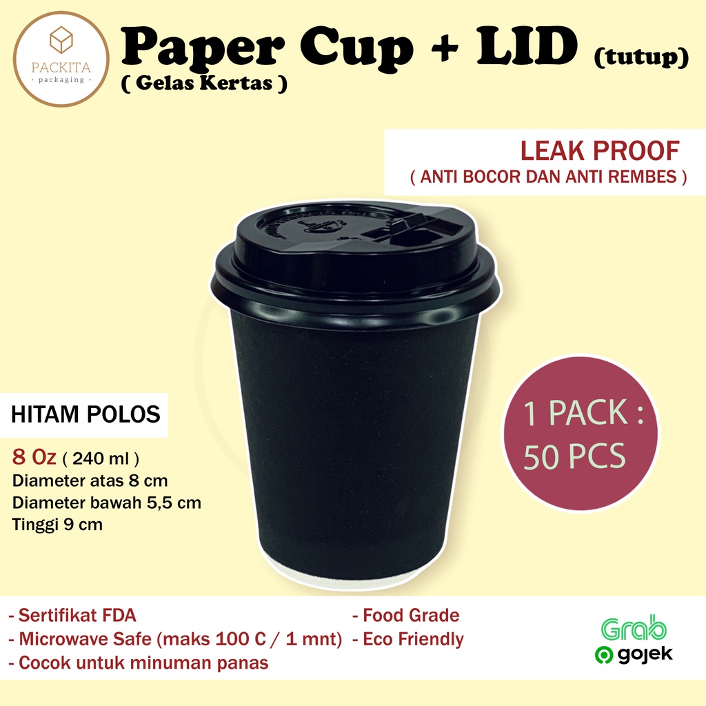 Jual Paper hot cup Black 8 Oz / Gelas Kertas Tahan Panas 240ml + LID/TUTUP | Shopee Indonesia