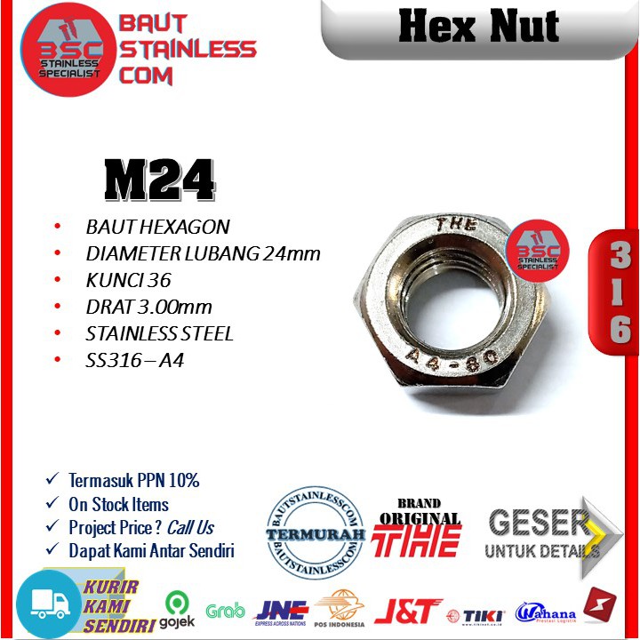 Jual MUR HEX NUT M24 STAINLESS SS316 A4 | Shopee Indonesia