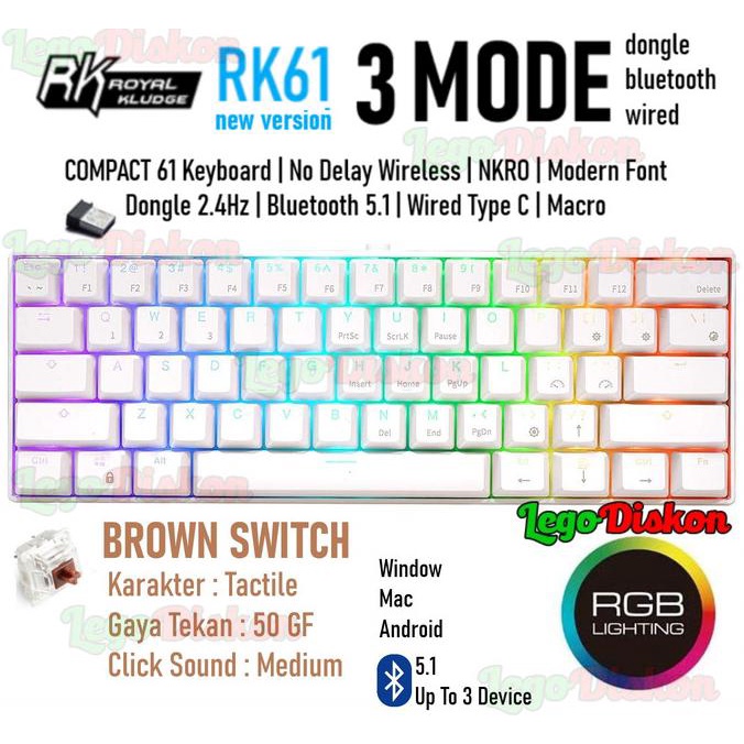 Jual Royal Kludge Rk61 Rgb Wireless Bluetooth Mechanical Keyboard - New ...