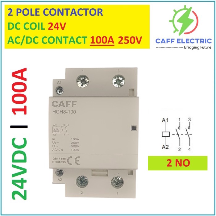 Jual CAFF DIN RAIL DC CONTACTOR 2P COIL 24VDC CONTACT DC/AC 250V 100A 2 ...