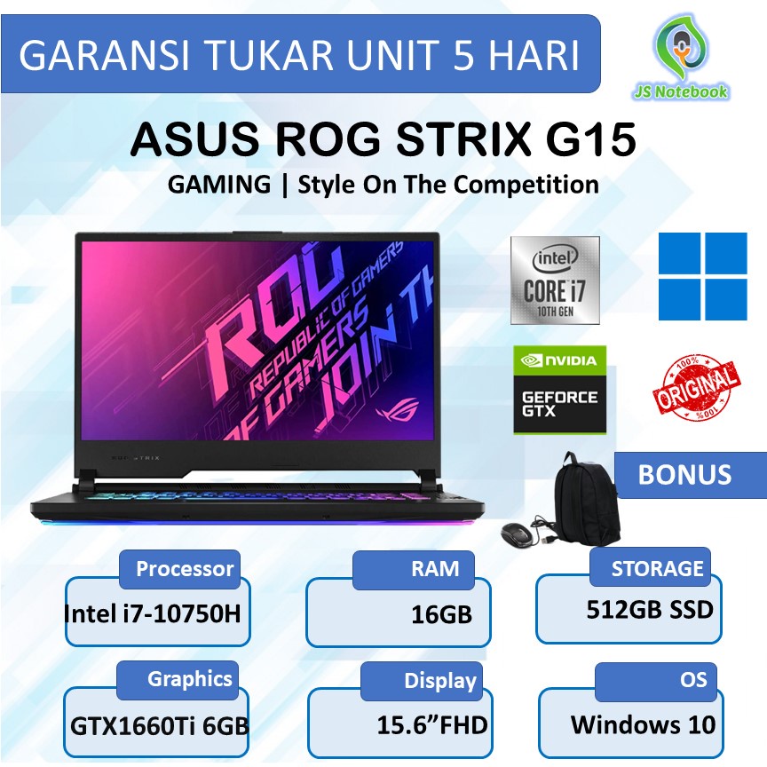 Jual ASUS ROG G512 i7 10750 16GB 512SSD GTX1660TI 6GB W10 15.6FHD 144Hz ...