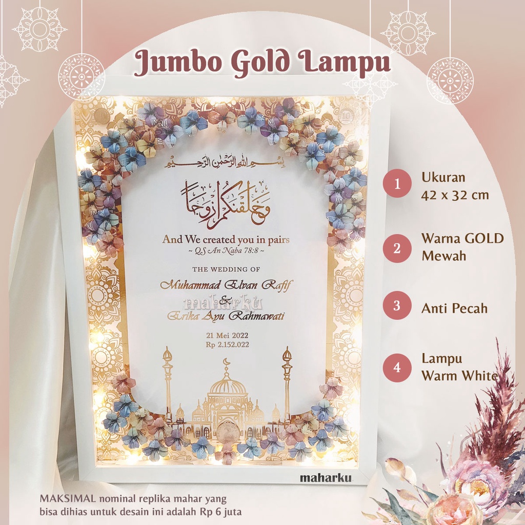 Jual Pigura Mahar Nikah Gold Mewah Lampu Jumbo Kaligrafi Islami Bingkai ...