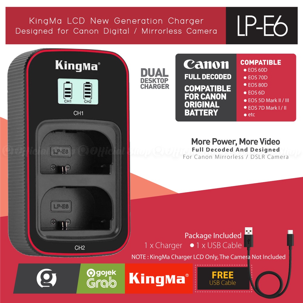 Jual KingMa Dual Charger LCD LP-E6 LC-E6 for Canon EOS 80D 70D 60D 6D ...