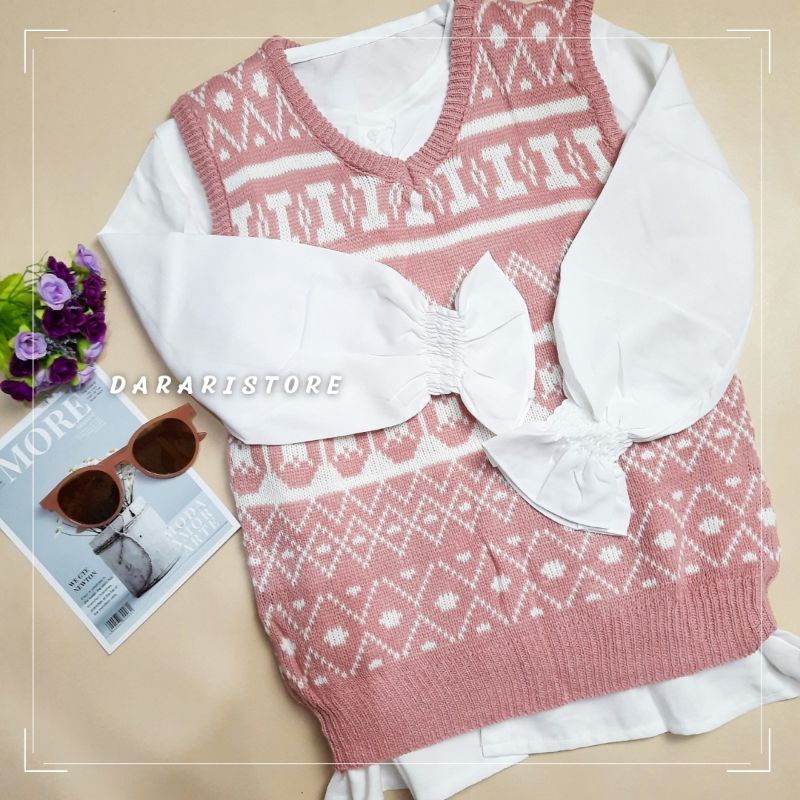 Jual Momo Set 5in1 Blouse + Vest rajut + Rok plisket + Hijab Bella OOTD ...