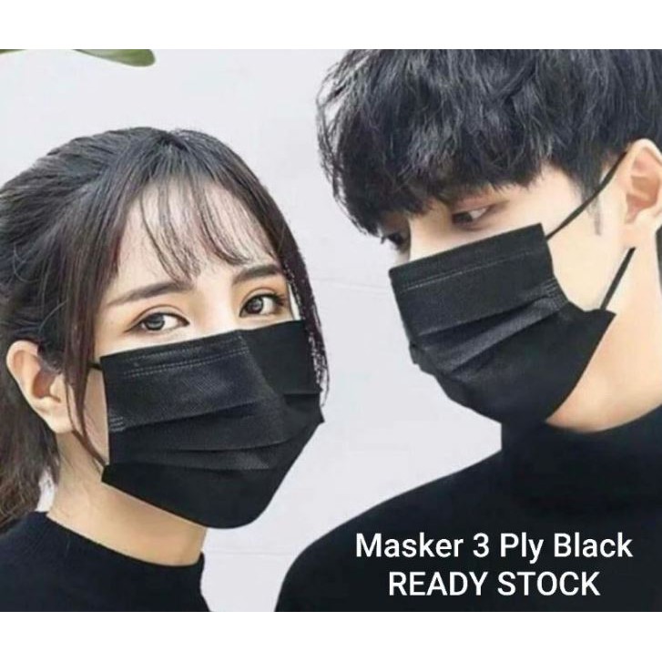 Jual Masker hitam 3 ply EARLOOP / Disposable 3 PLAY 1 box isi 50 pcs ...