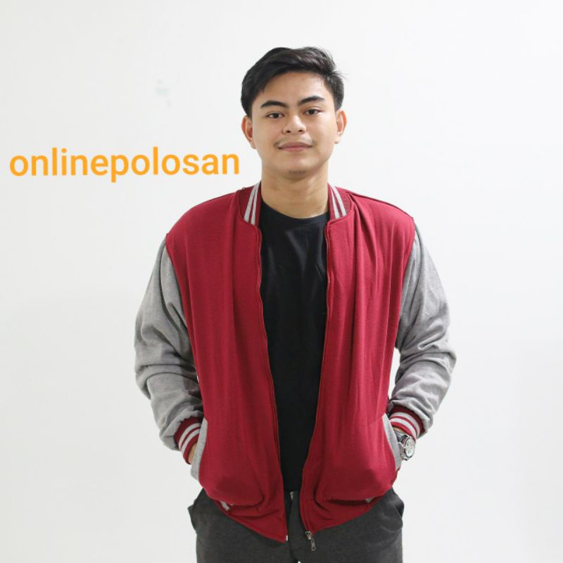 Jual Jaket Baseball Varsity Resleting Merah Maroon Abu | Shopee Indonesia