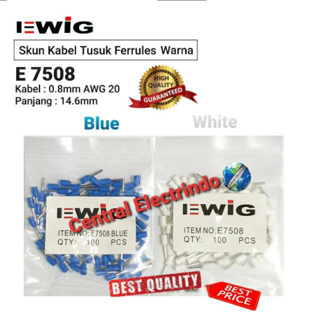 Jual Skun Kabel Ferrules Warna E 7508 (0.75mm) Kabel 0.8mm AWG 20 EWIG ...