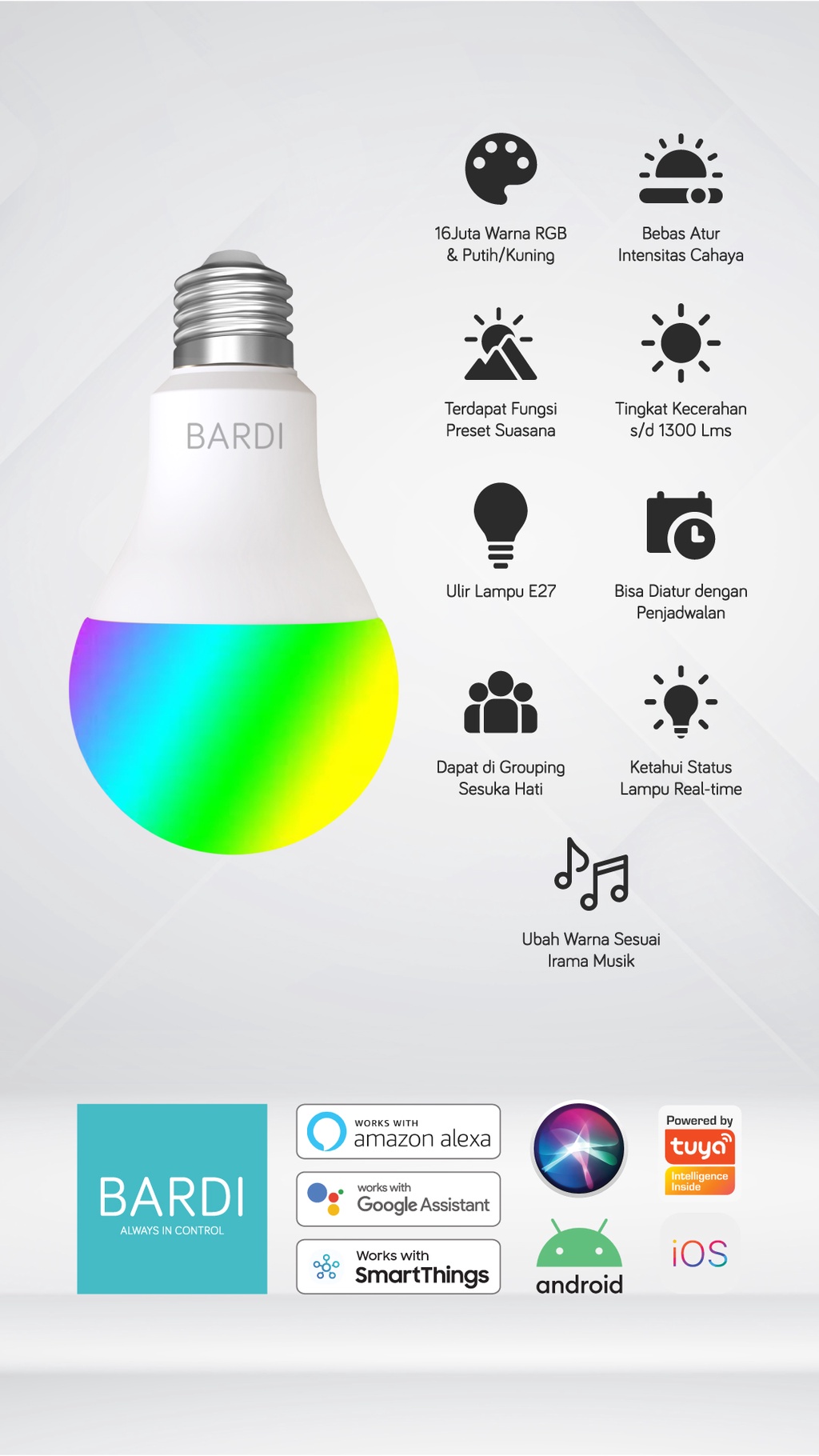 Jual BARDI Smart LIGHT BULB RGBWW 12W Wifi Wireless IoT - Home ...