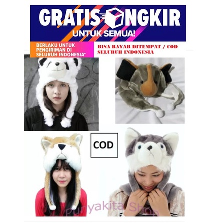 Jual topi boneka panda bulu/animal hat panda seigala gajah topi ...