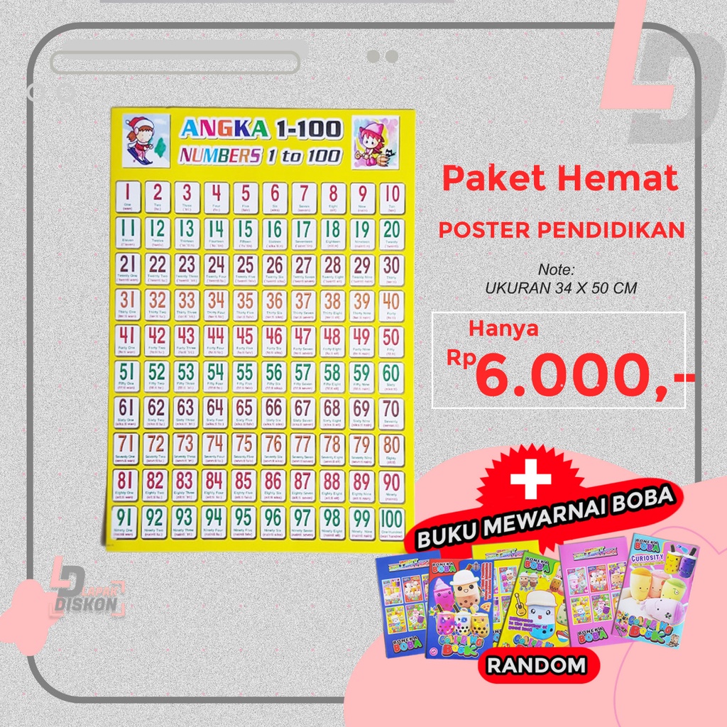 Jual PAKET HEMAT !!! Poster Pendidikan Mengenal Angka 1-100 + Mewarnai ...