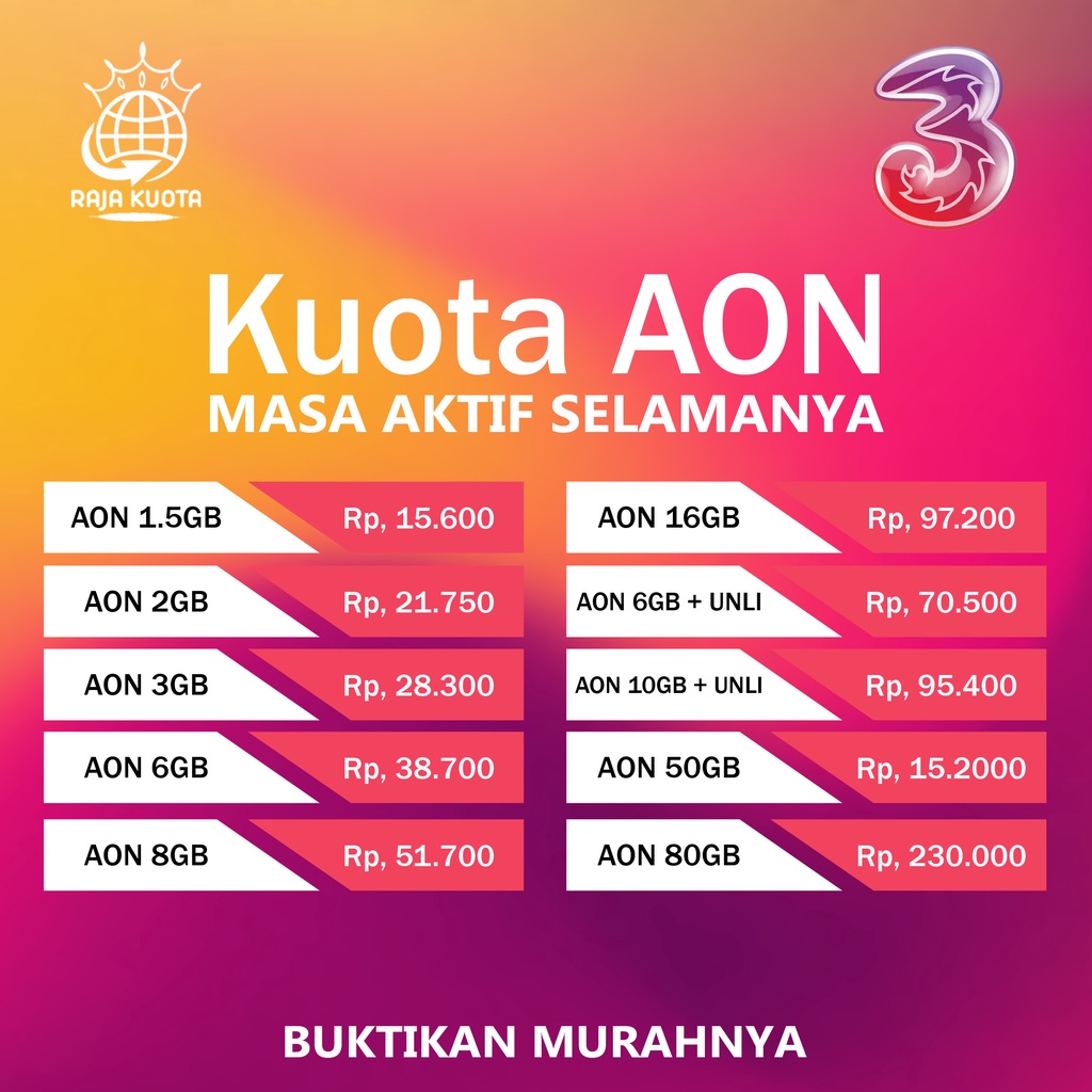 Jual Paket data kuota Tri AON 1gb 2gb 3gb 6gb 8gb 16gb | Shopee Indonesia