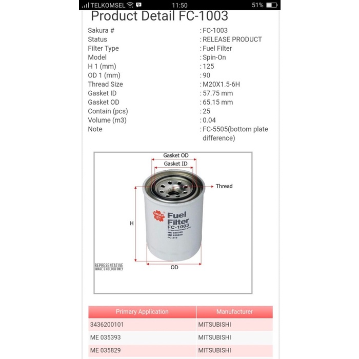 Jual Filter Solar / Fuel Filter Fuso Upper ME035393 FC-1003 Sakura ...