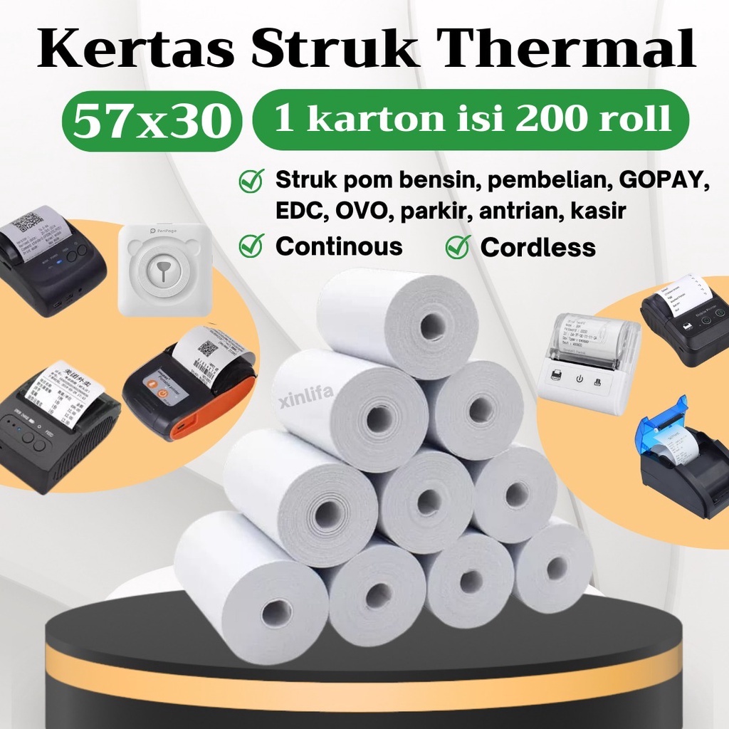 Jual Kertas Struk Kasir Paper Roll Termal 1 Karton 200 roll uk 57x30mm ...