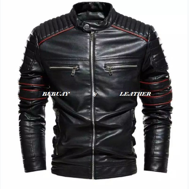 Jual JAKET KULIT PRIA RACING STRIP MERAH / JAKE KULIT ORIGINAL/ JAKET ...