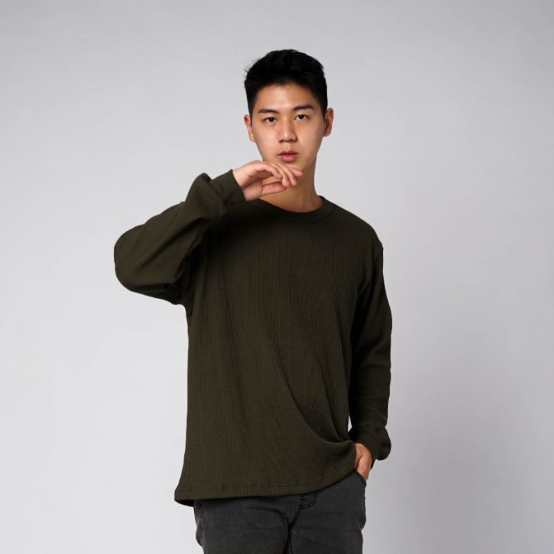 Jual Waffle Crewneck Long Sleeve Army / Crewneck Pria / Crewneck Rajut ...