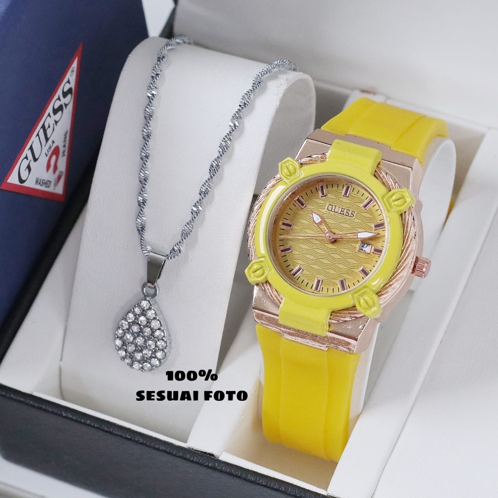 Jual Jam Tangan Wanita Guess Kawat Tali Rubber Free Liontin Body Balok ...