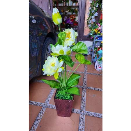 Jual bunga teratai putih berikut pot kayu bunga artificial home dekor ...