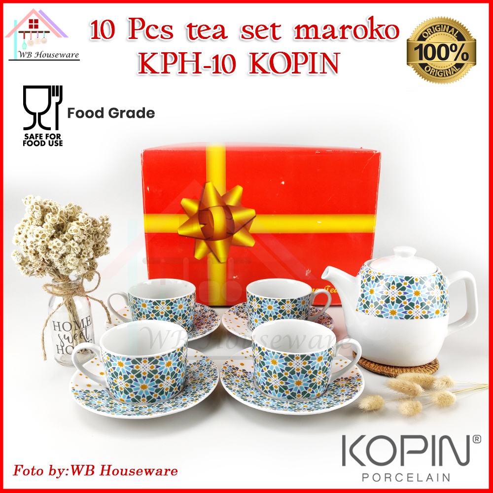 Jual tea set porcelain maroko kopin / teko set 10pcs 4 cangkir + 4 ...