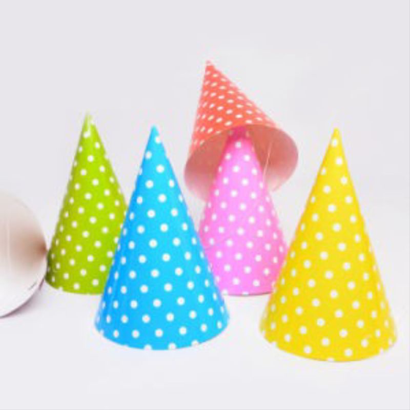 Jual TOPI KERUCUT POLKADOT ISI DI 10 TOPI ULANG TAHUN HBD HAPPY ...